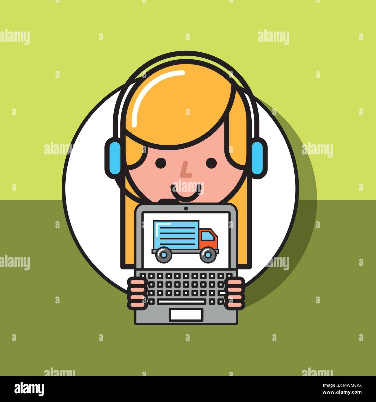 operator girl laptop truck logistics and delivery service vector ...