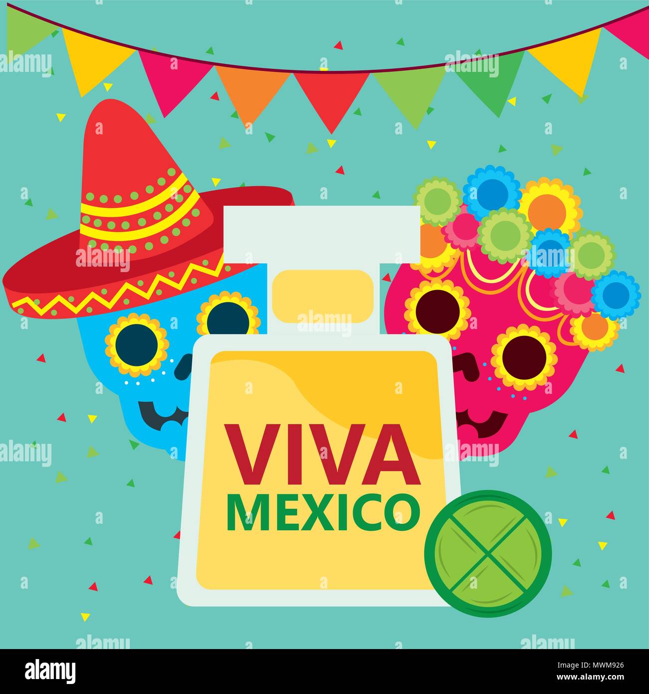 viva mexico celebration tequila lemon skulls pennant decoration vector ...
