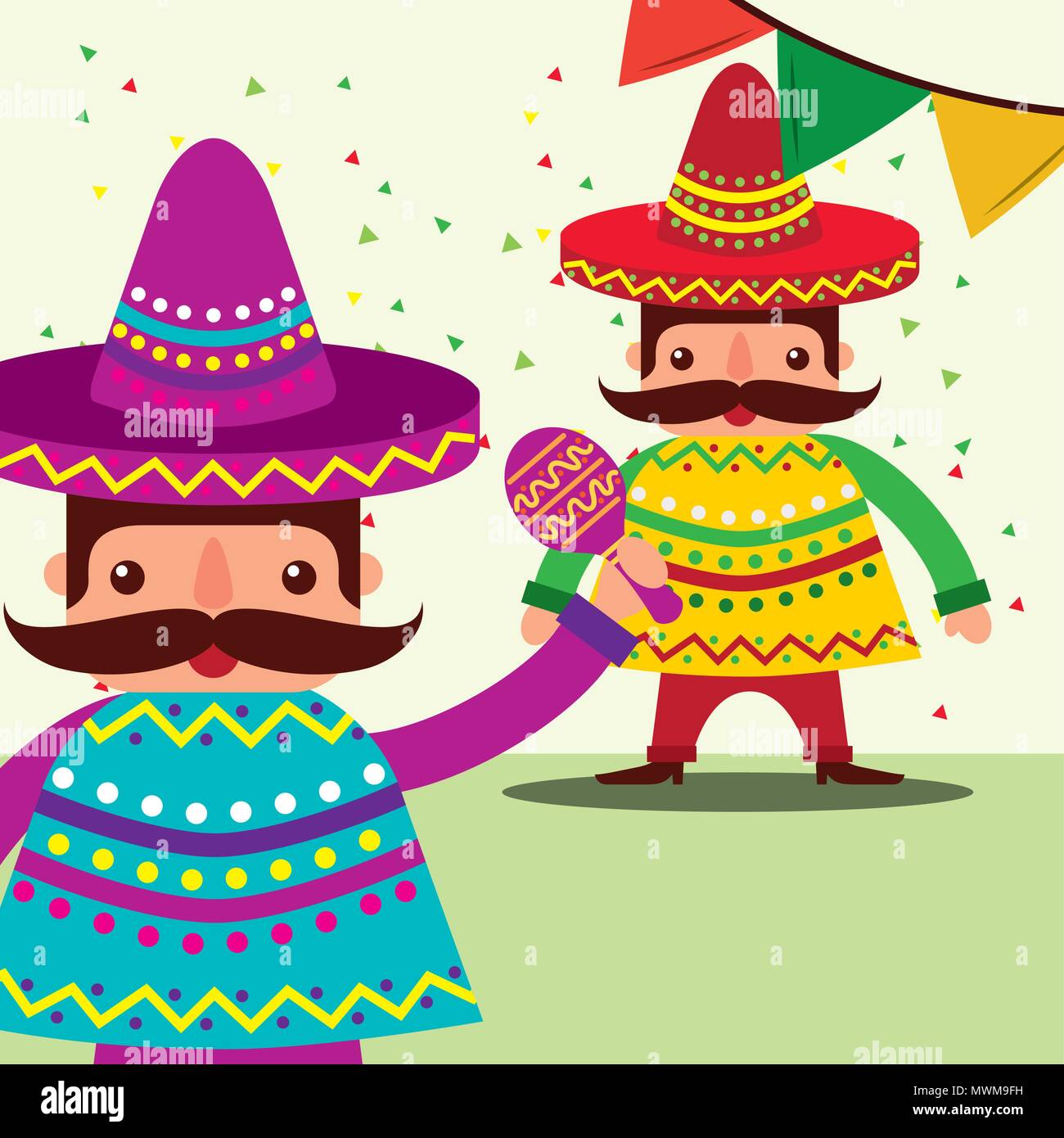 mexican men mustache with hat and poncho maracas celebration confetti ...