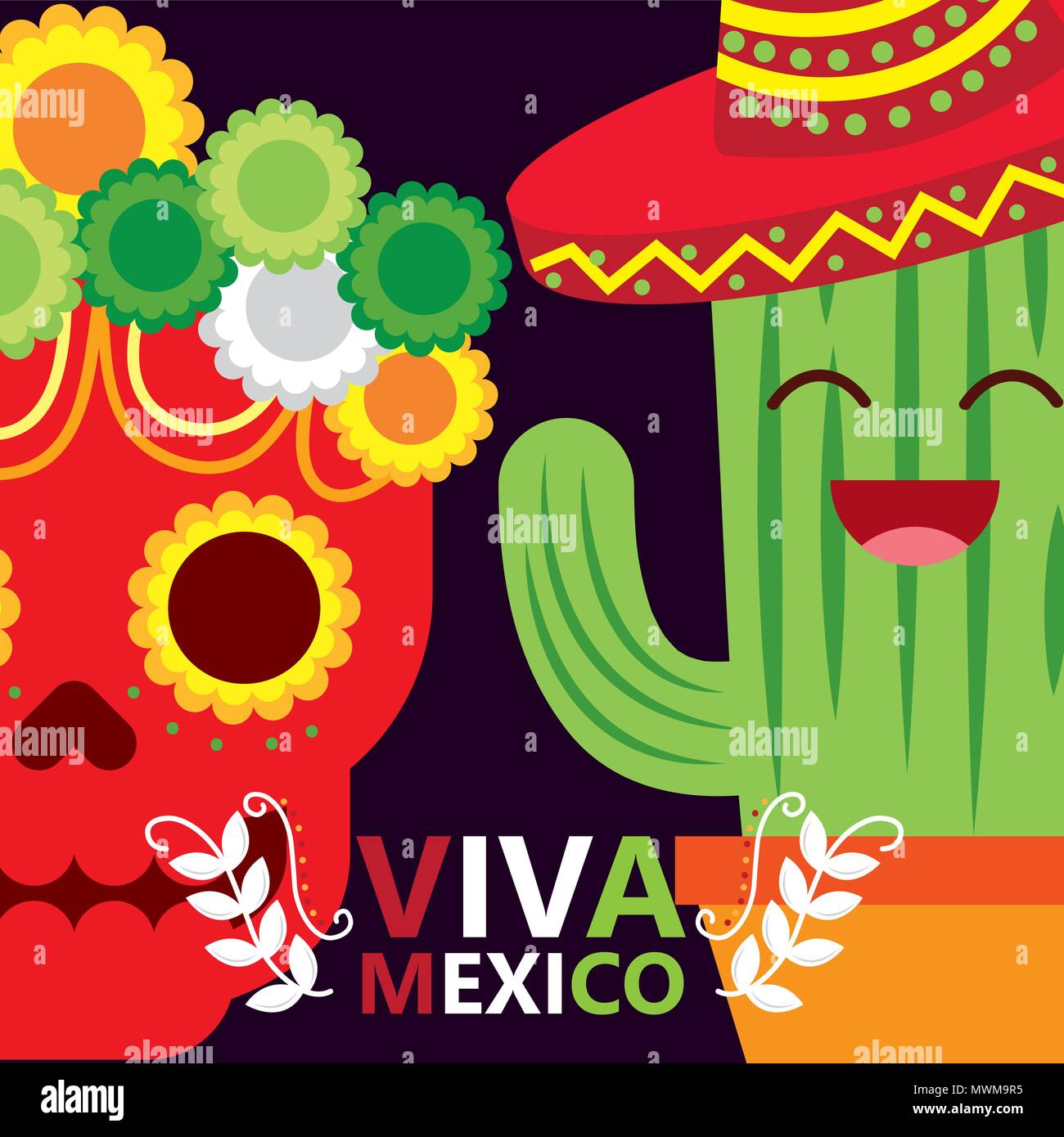 viva mexico cartoon cactus and skull decoration vector illustration ...