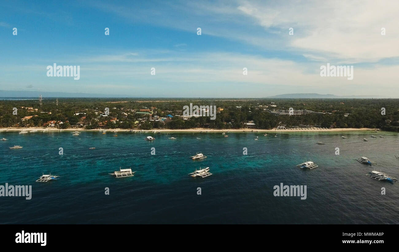 Aerial view of tropica Alona beach on the island Bohol, resort, hotels ...