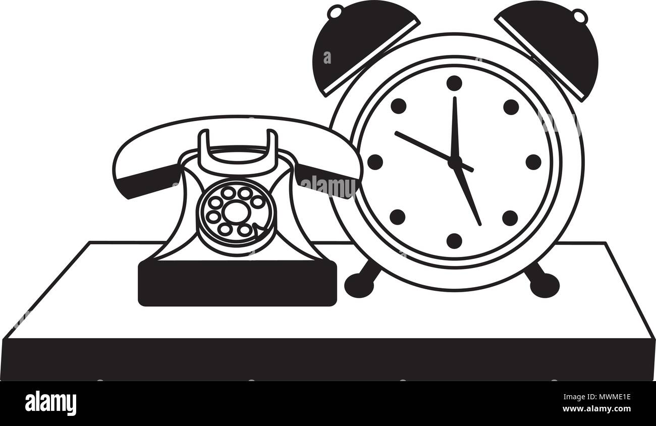 retro vintage telephone clock alarm vector illustration black and white ...