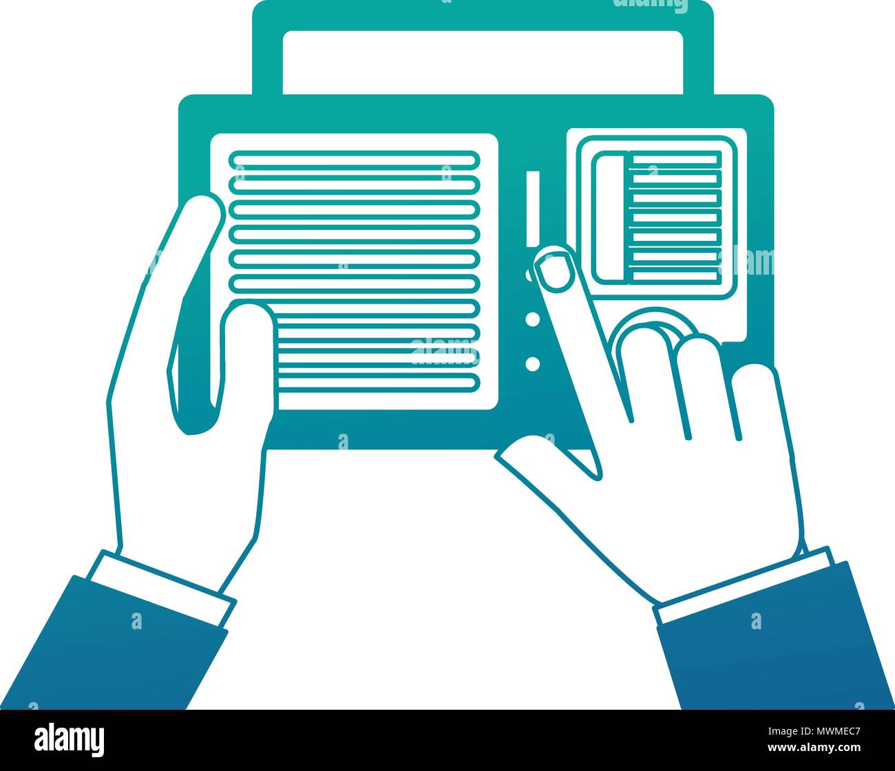 hand holding retro vintage radio stereo vector illustration neon blue ...