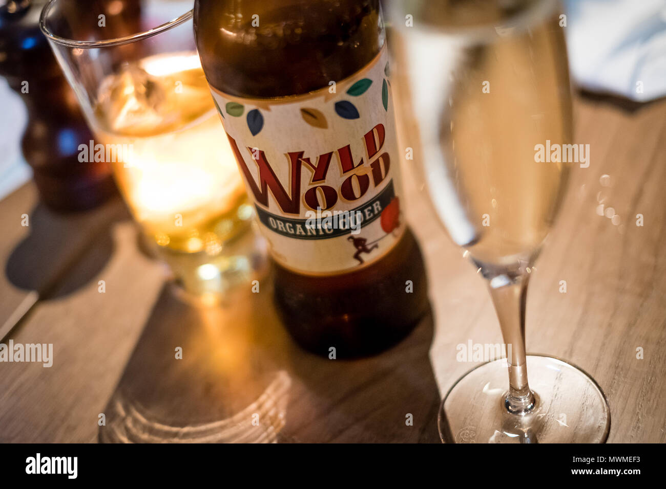 Edinburgh, Scotland - April 27, 2017: Restaurant table with alcoholic ...
