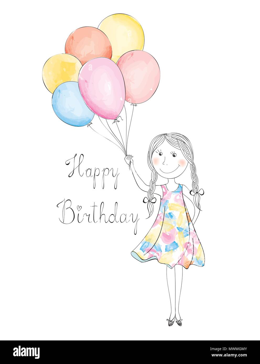 Girl with balloons. Happy birthday greeting card. Holiday greeting hand ...