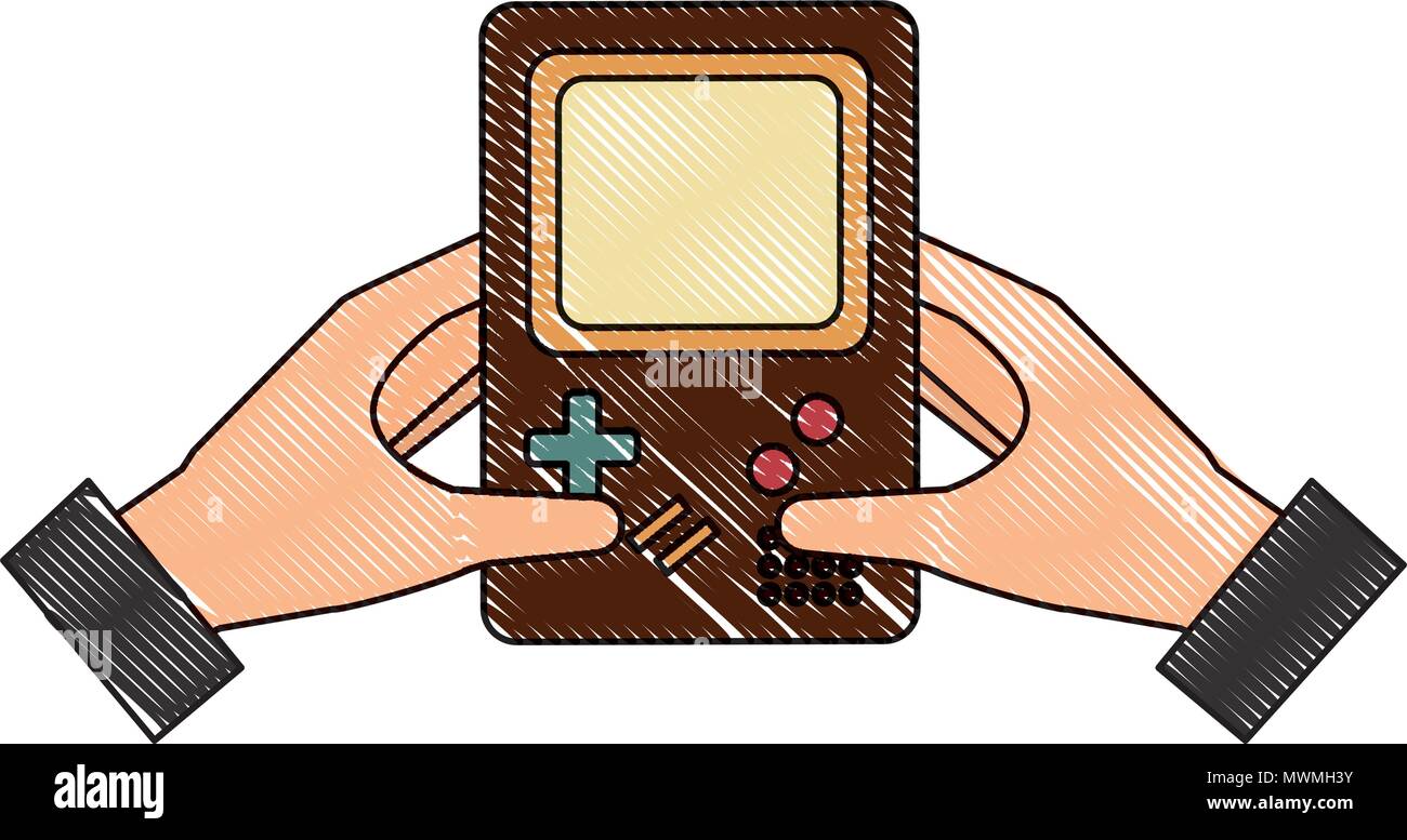 hand holding game console portable device vintage vector illustration ...