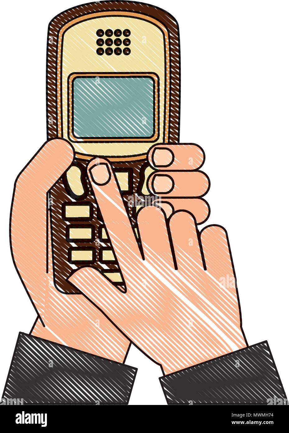 hand holding phone device vintage vector illustration drawing Stock ...