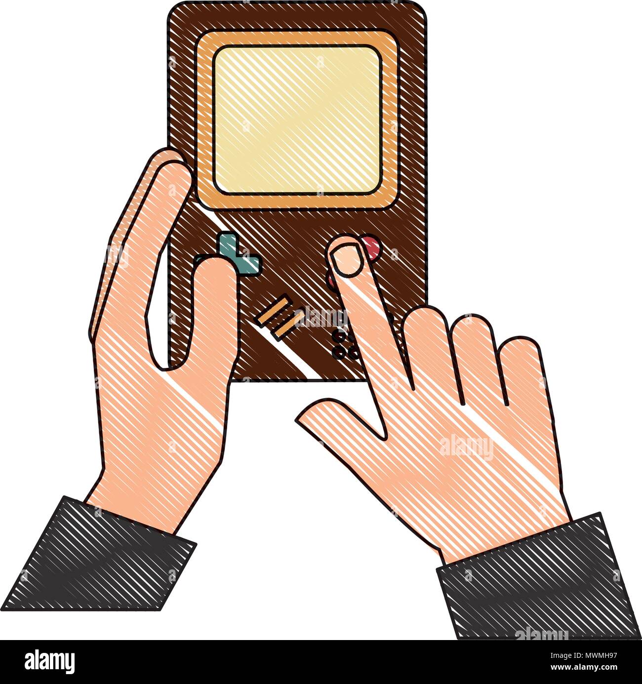 hand holding game console portable device vintage vector illustration ...