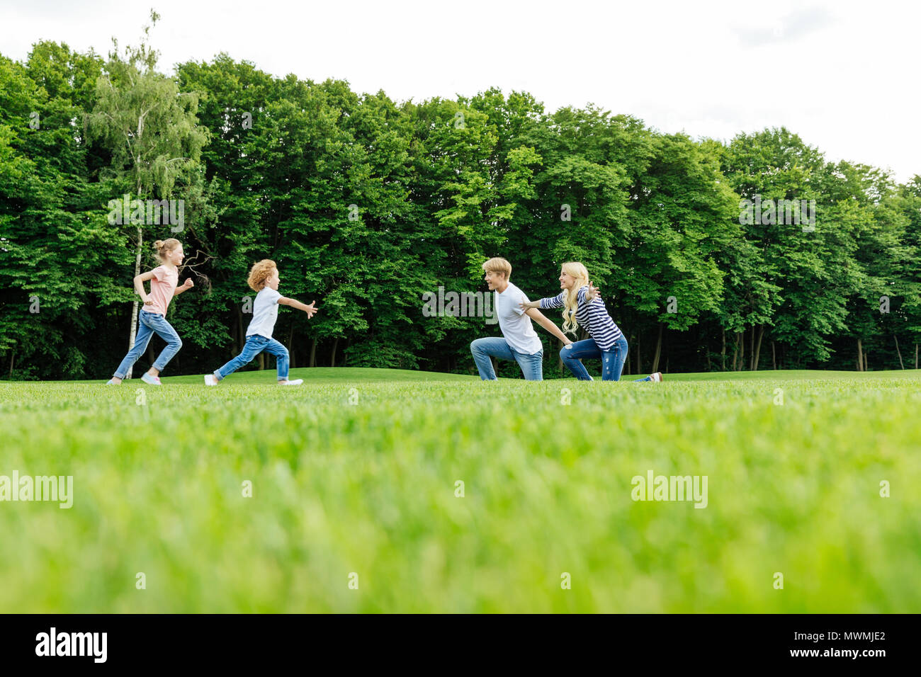 happy young family with two kids playing on green meadow in park Stock ...
