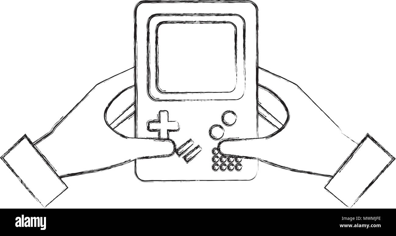 hand holding game console portable device vintage vector illustration ...