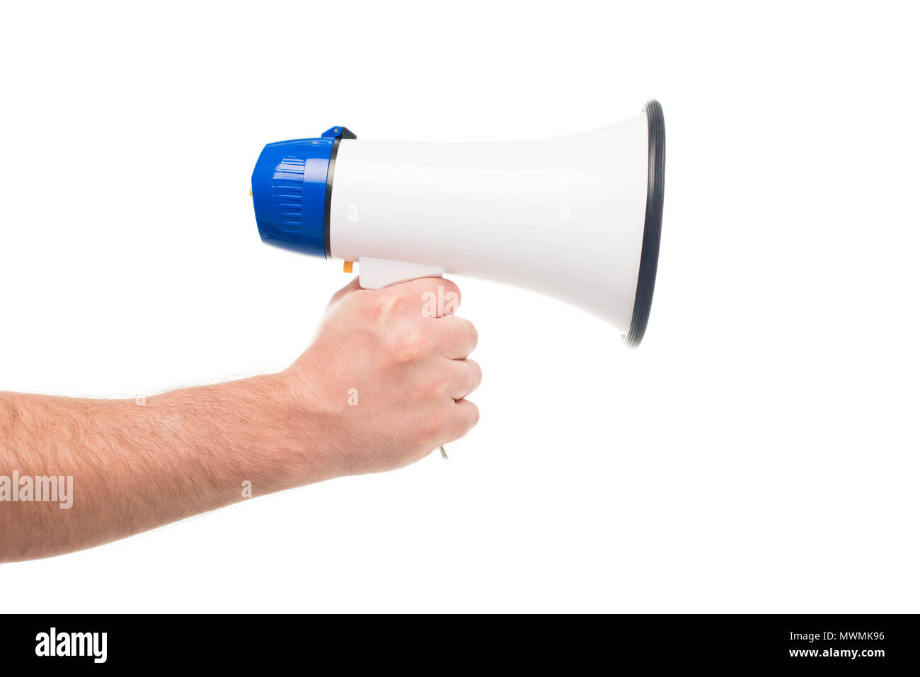 'cropped view of person holding megaphone, isolated on white Stock ...