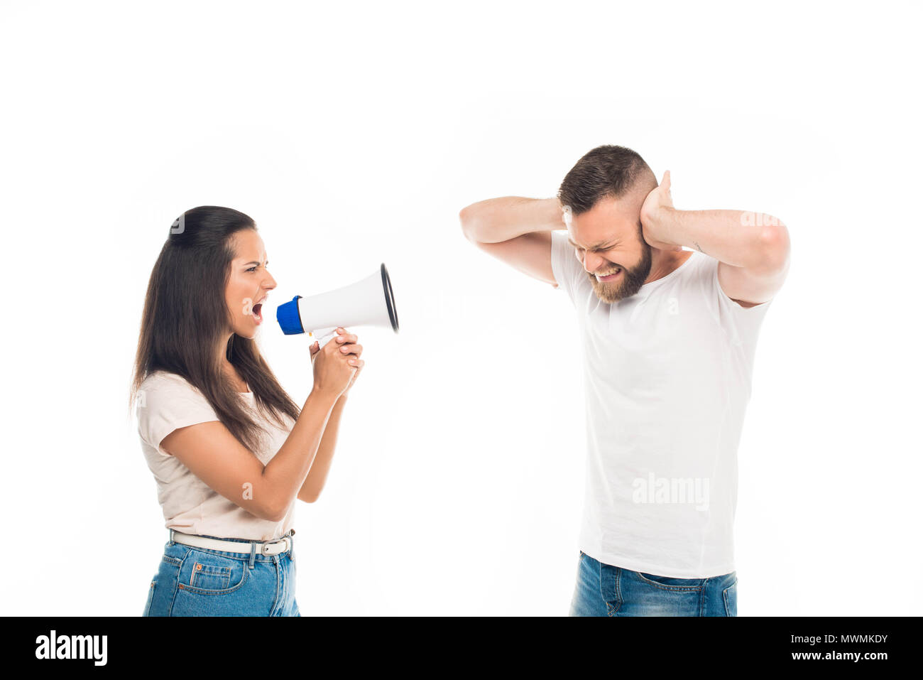 'Woman screaming on man with help of megaphone, isolated on white Stock ...
