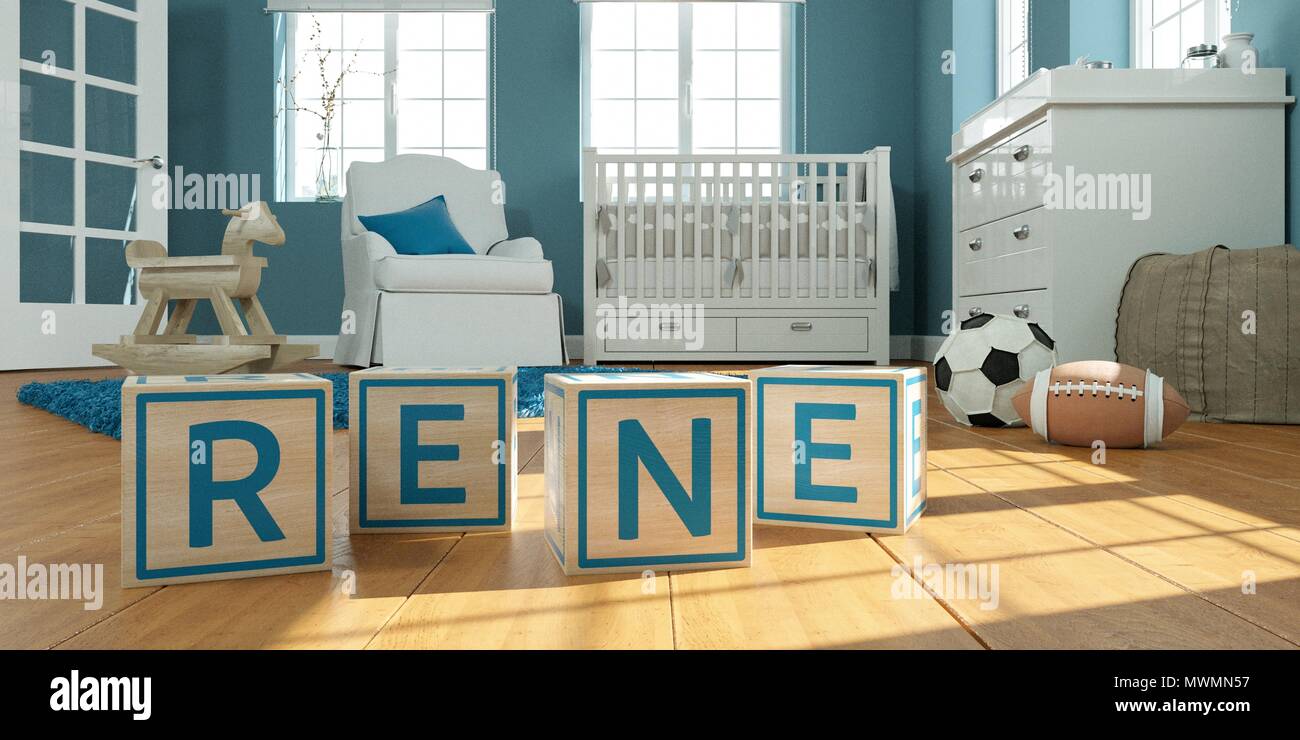 3D Illustration of the name rene written with wooden toy cubes in ...