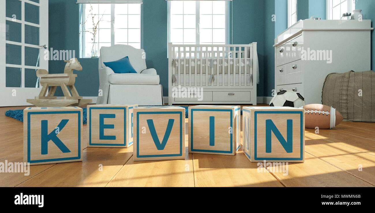 3D Illustration of the name kevin written with wooden toy cubes in ...