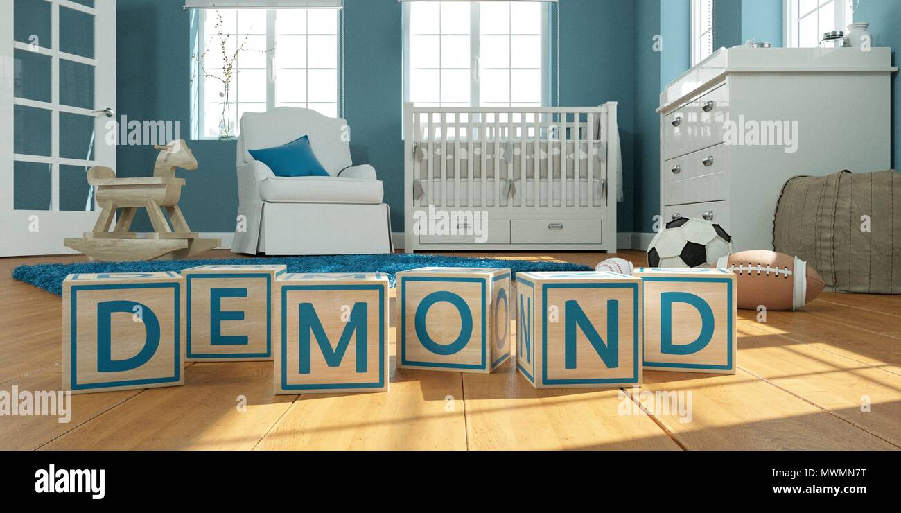 3D Illustration of the name demond written with wooden toy cubes in ...