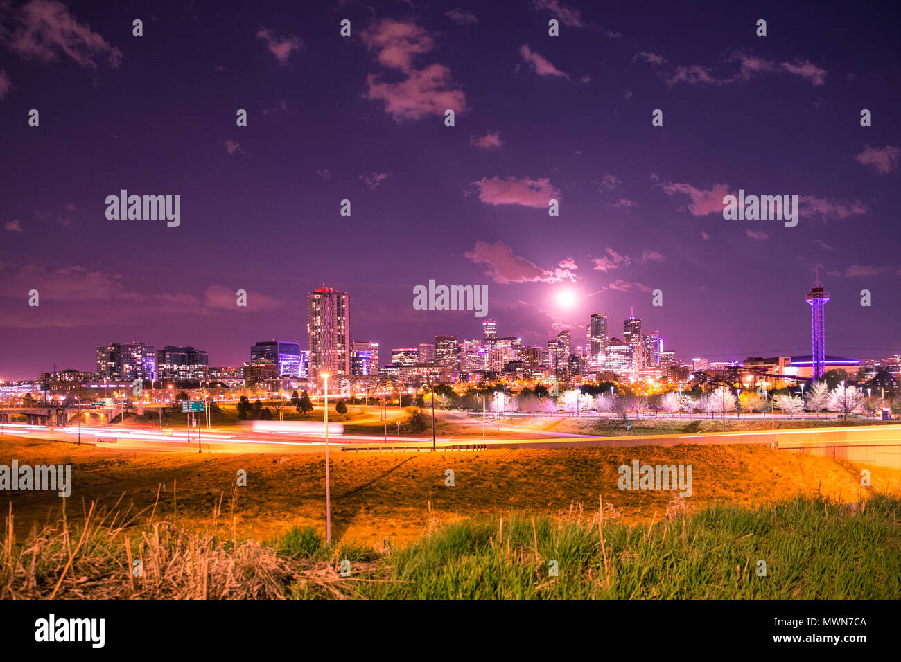 Beautiful Denver Colorado night skyline with lit buildings of downtown ...