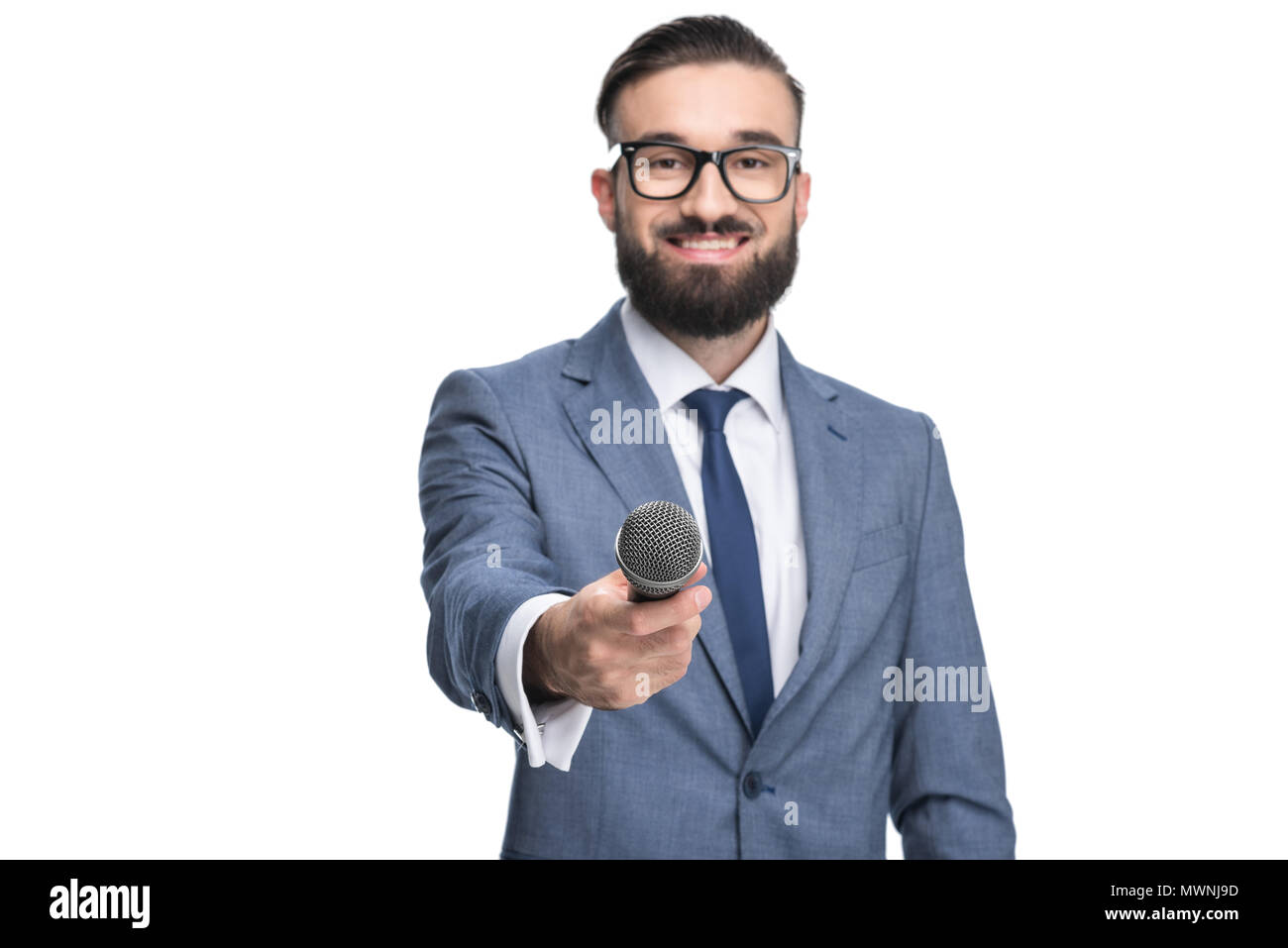 handsome smiling bearded male journalist taking interview with ...