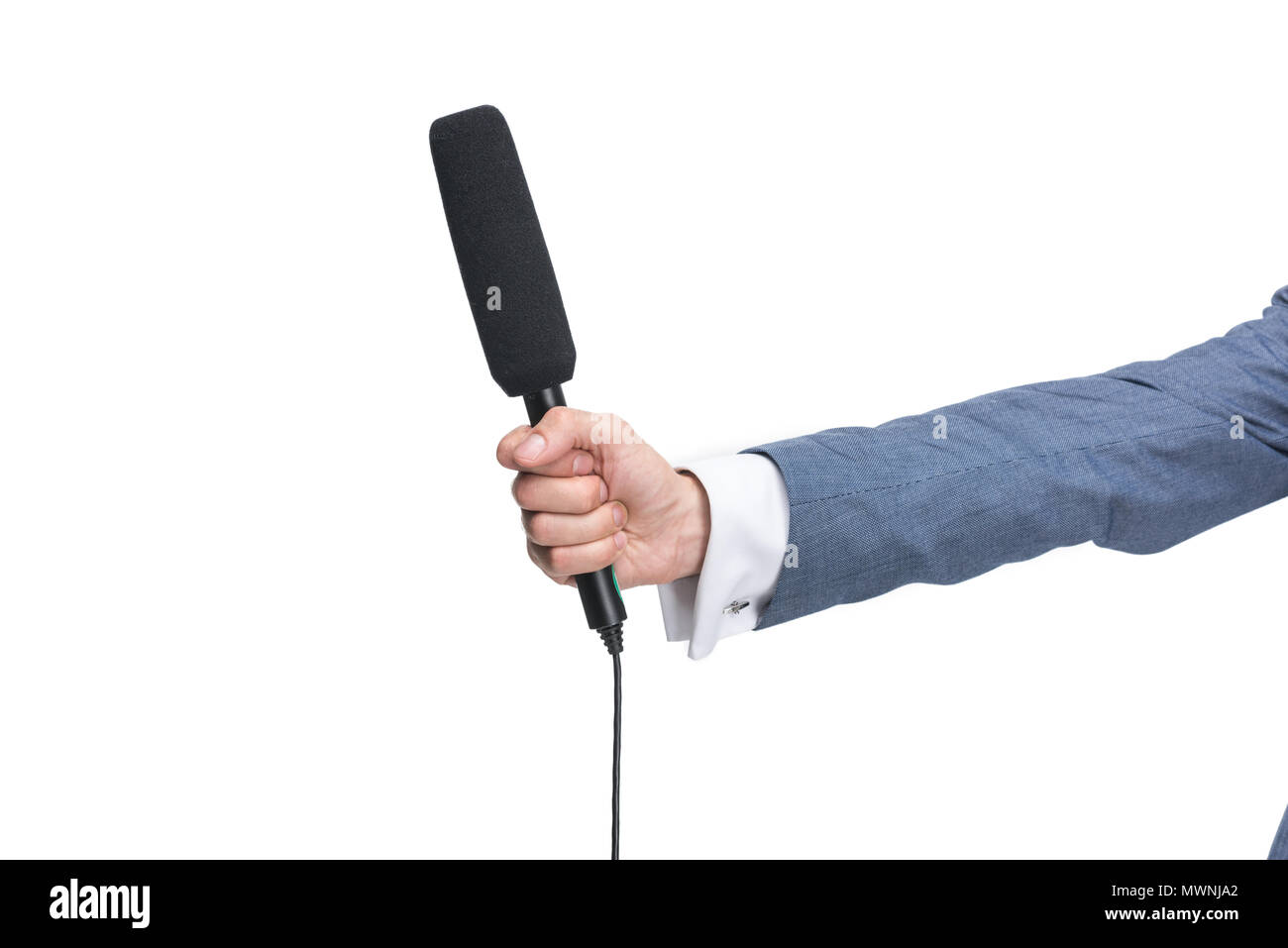 cropped view of male hand holding microphone for interview, isolated on ...