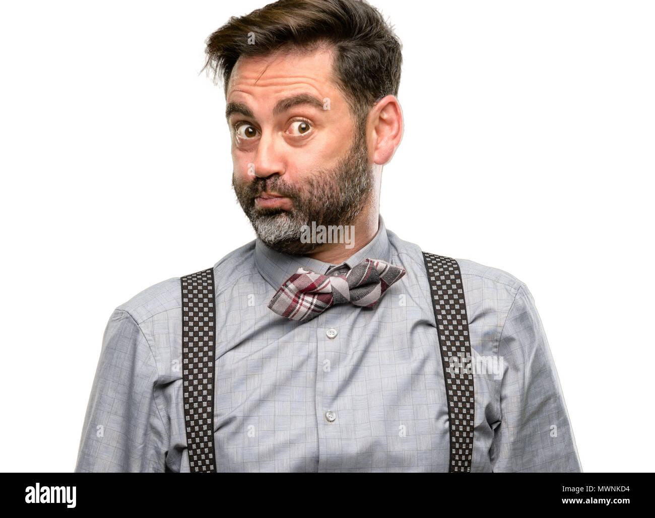 Middle age man, with beard and bow tie puffing out cheeks, having fun ...