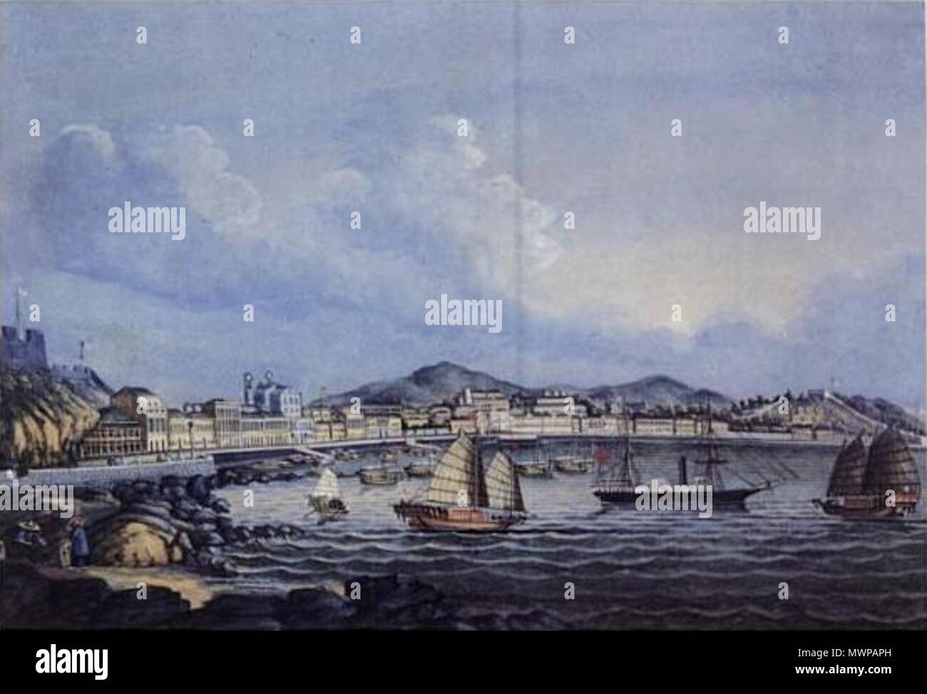 . English: The Praya Grande, Macao. circa 1855. Unknown Chinese artist ...