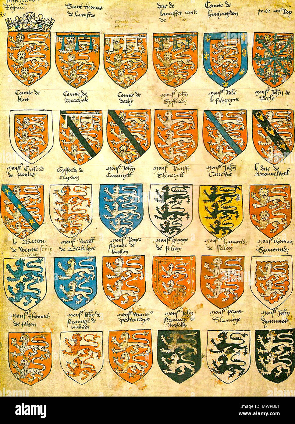 . English: 'Prince Arthur's Book', c.1520: Ordinary of lions showing ...