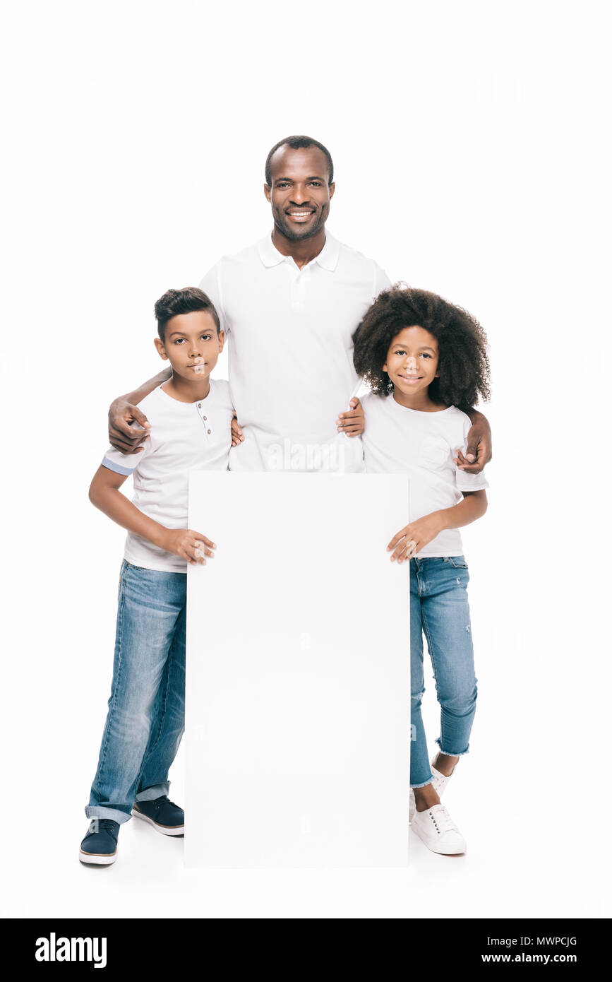 happy african american father with cute kids holding blank banner ...