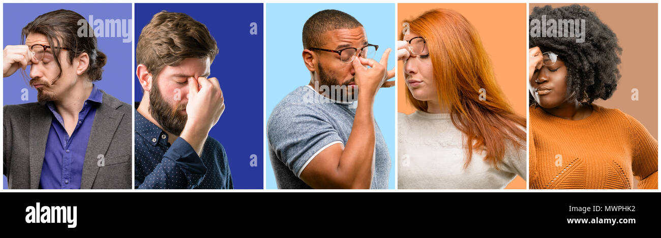 Group of cool people, woman and man with sleepy expression, being ...