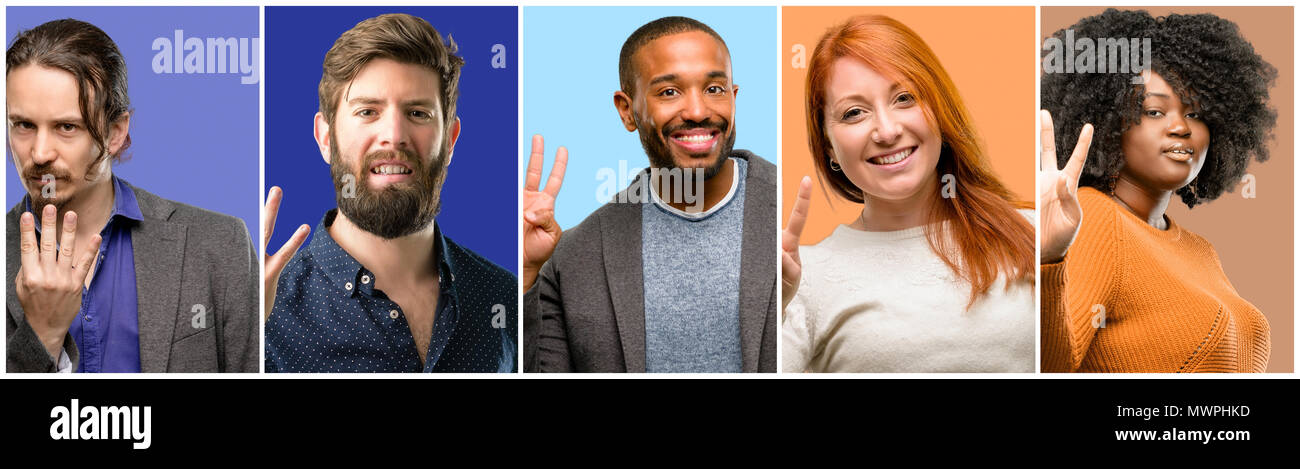 Group of cool people, woman and man raising finger, is the number four ...