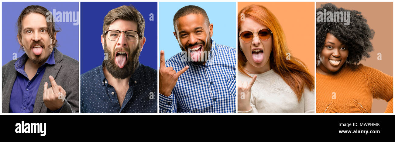 Group of cool people, woman and man making rock symbol with hands ...