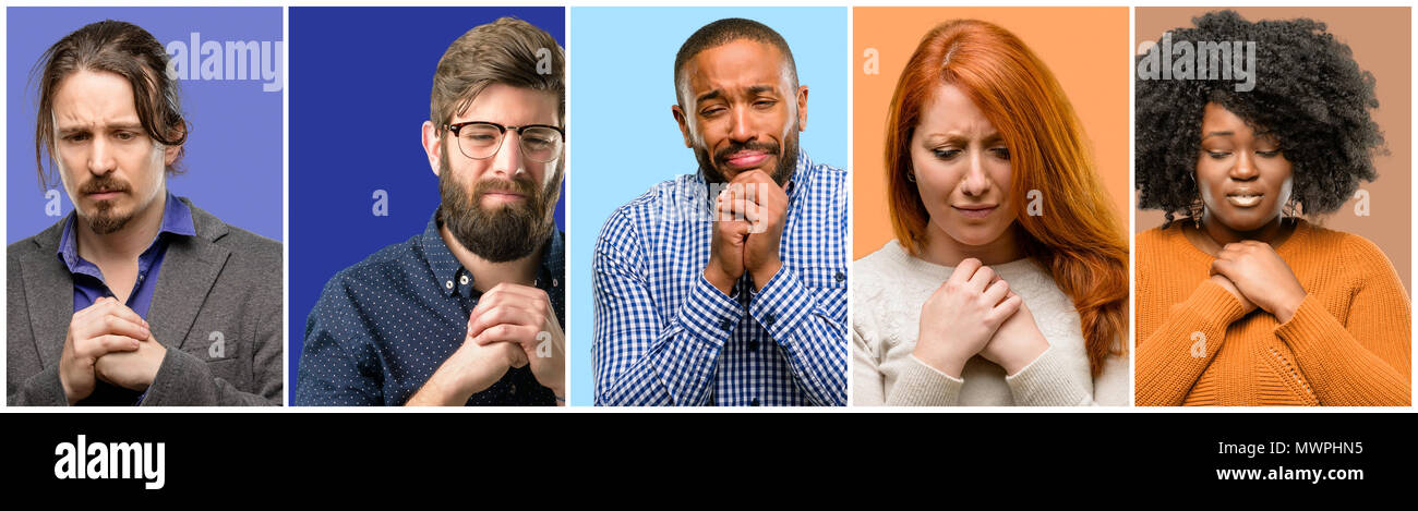 Group of cool people, woman and man crying depressed full of sadness ...