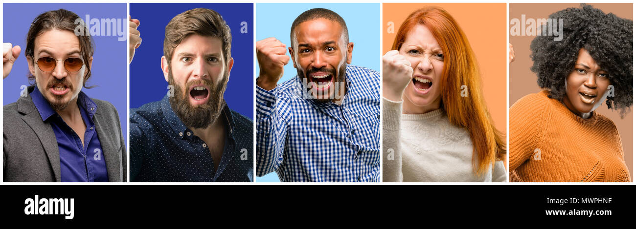 Group of cool people, woman and man irritated and angry expressing ...