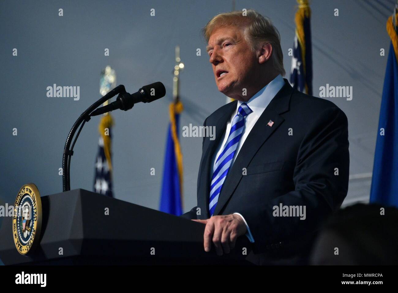 President Donald Trump speaks during a change of command ceremony at ...