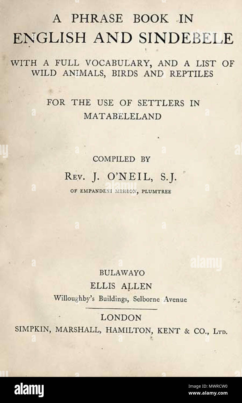 . English: Title page of one of the earliest phrase books of Sindebele ...