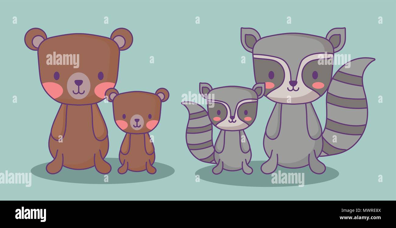 cute bears and raccoons over blue background, colorful design. vector ...