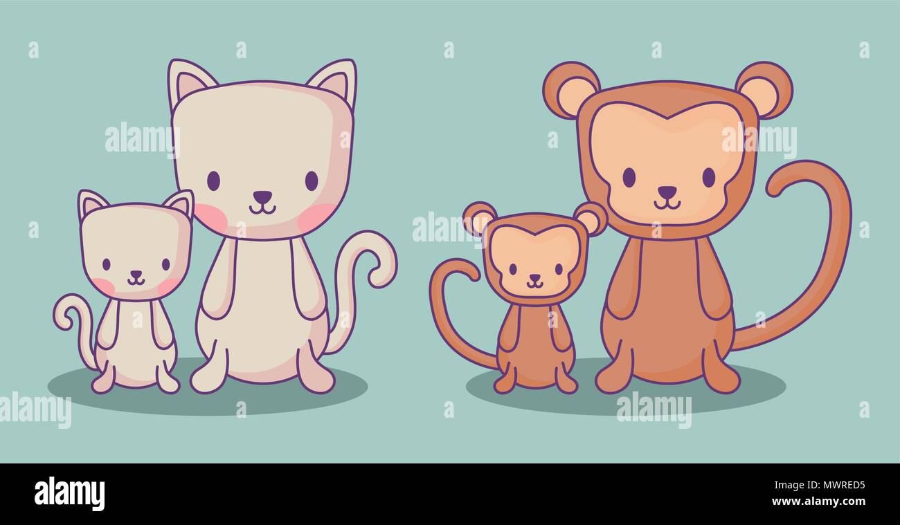 cute cats and monkeys over blue background, colorful design. vector ...