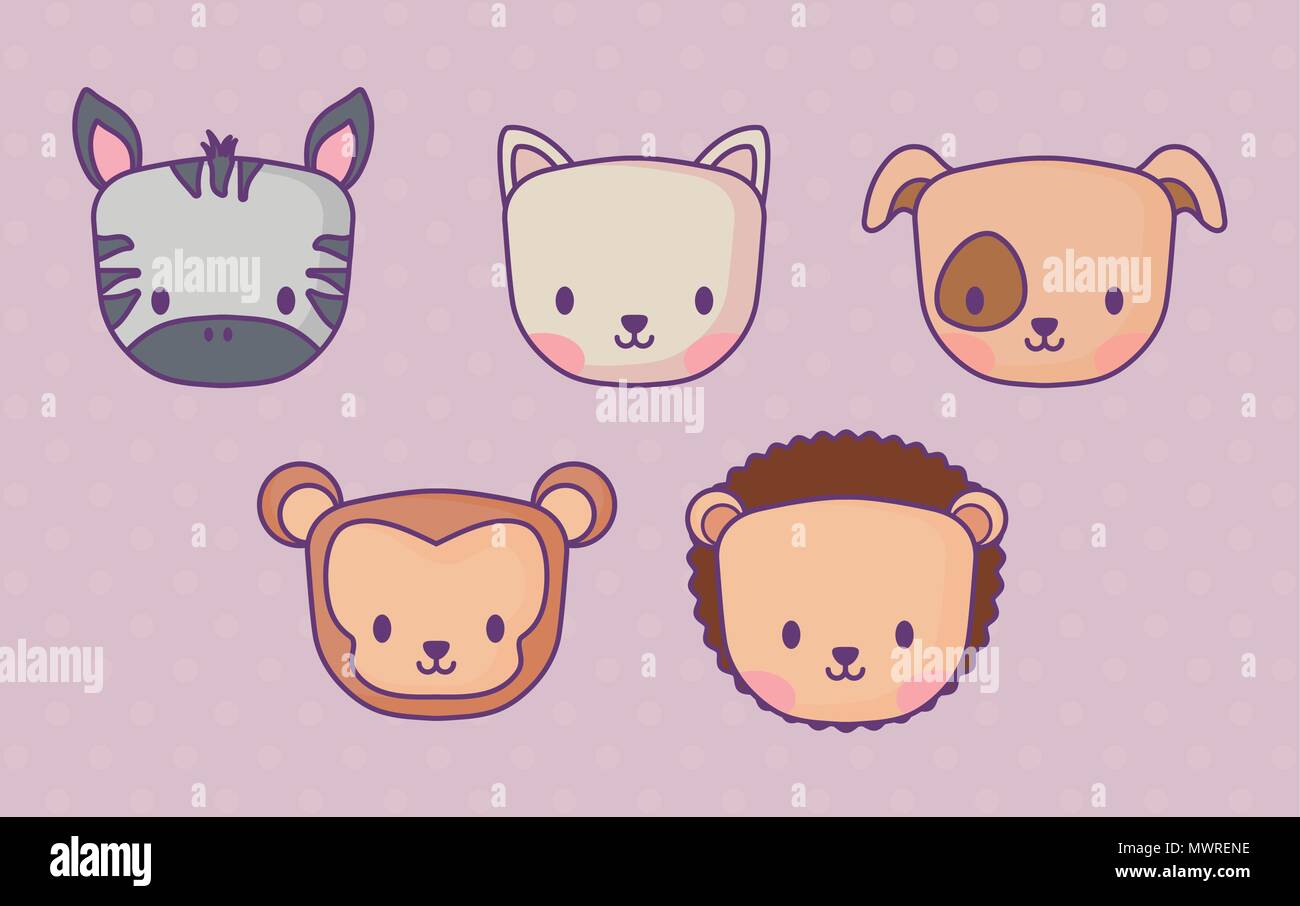 icon set of cute animals over purple background, colorful design ...