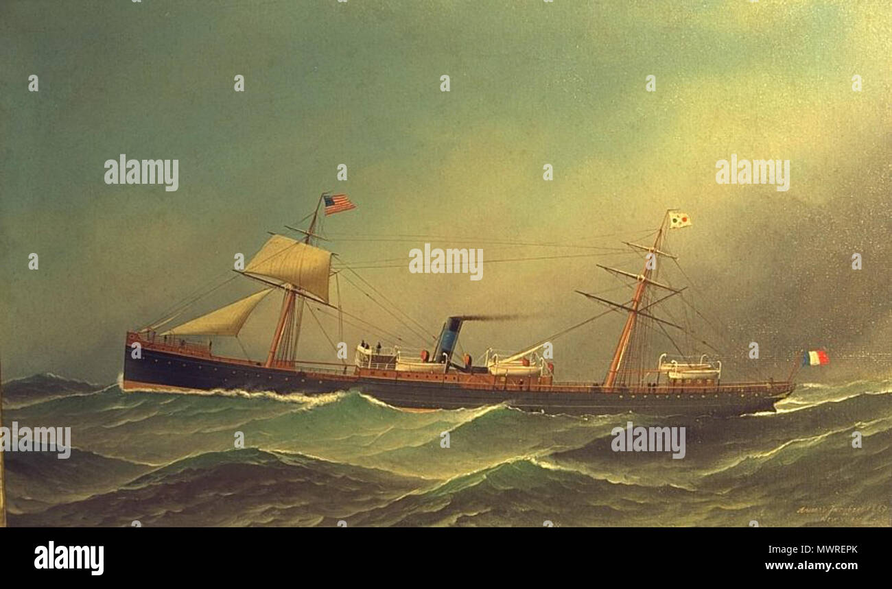 . English: Portrait of the two-masted French Steamer, the SS Cheribon ...