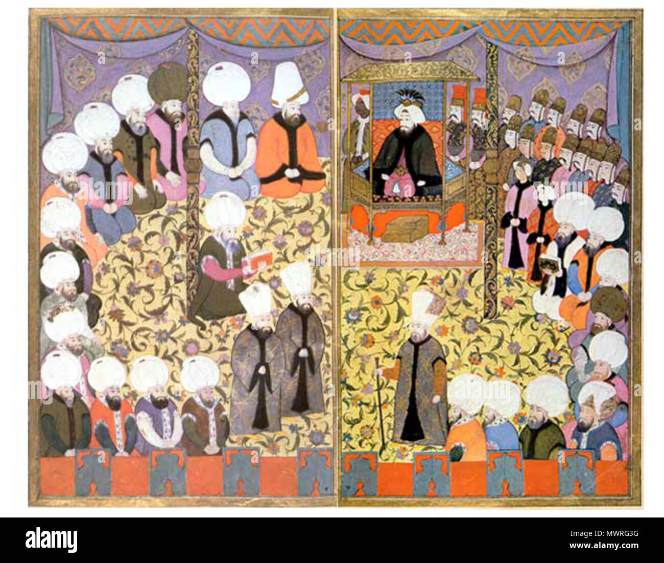 . Sultan Ahmed III surrounded by courtiers and advisors in a tent ...