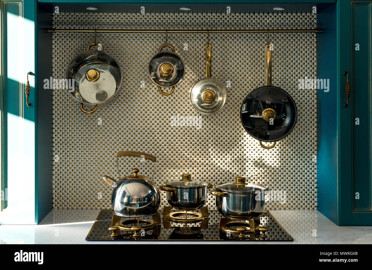 Hanging pans in kitchen hi-res stock photography and images - Alamy