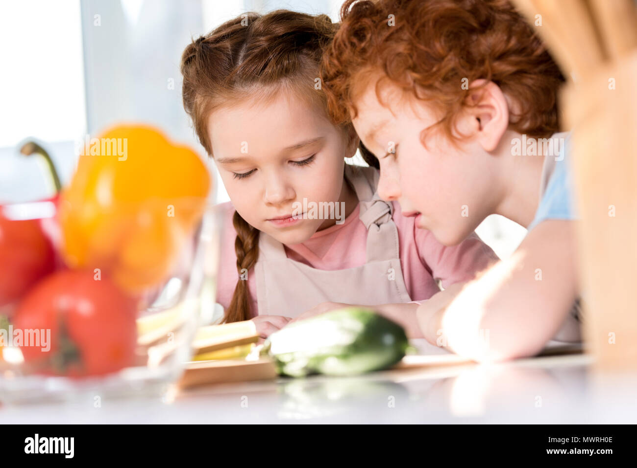 focused children reading cookbook while cooking together in kitchen ...