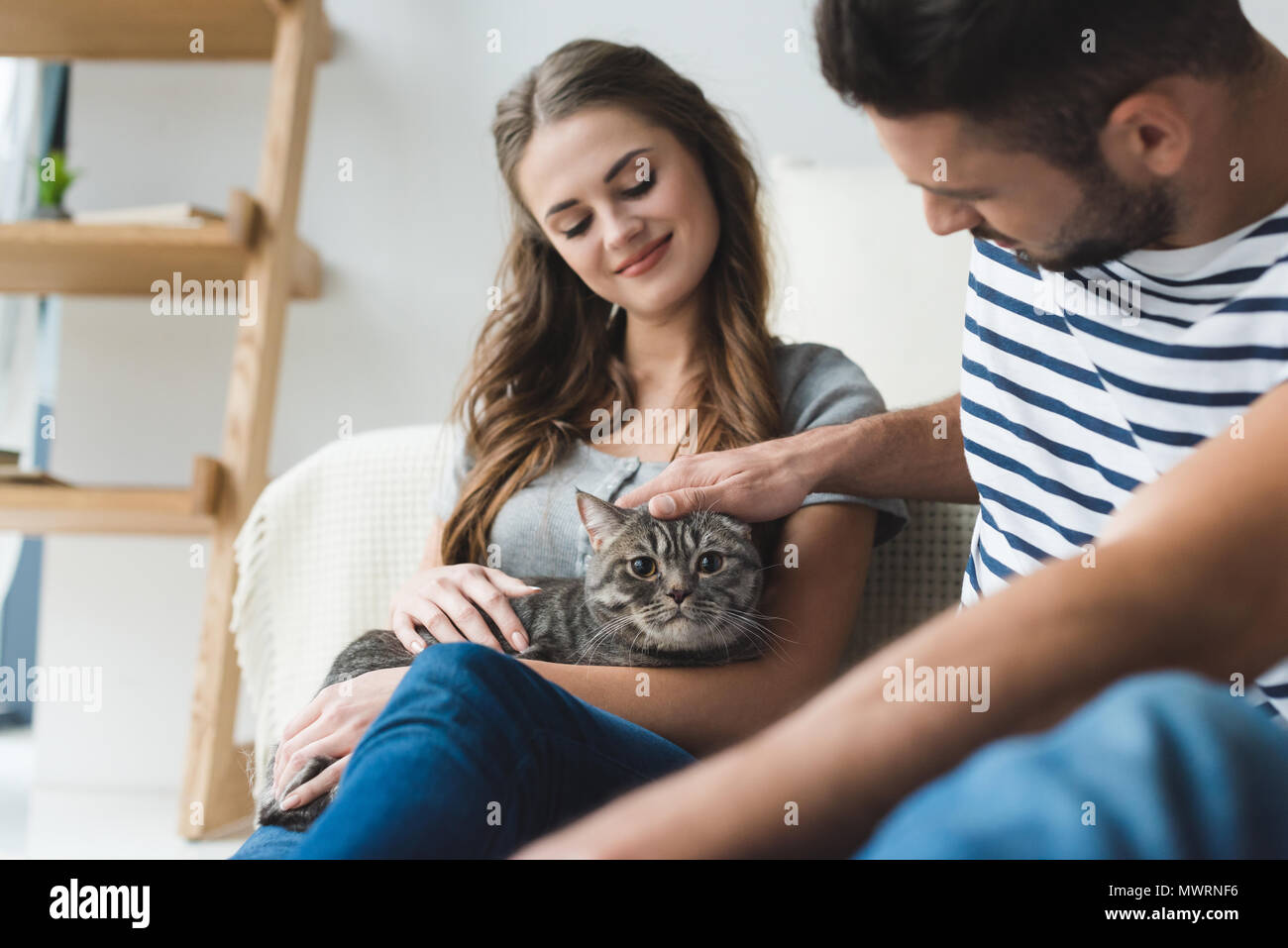 happy young couple petting cat at home while sitting on floor Stock ...