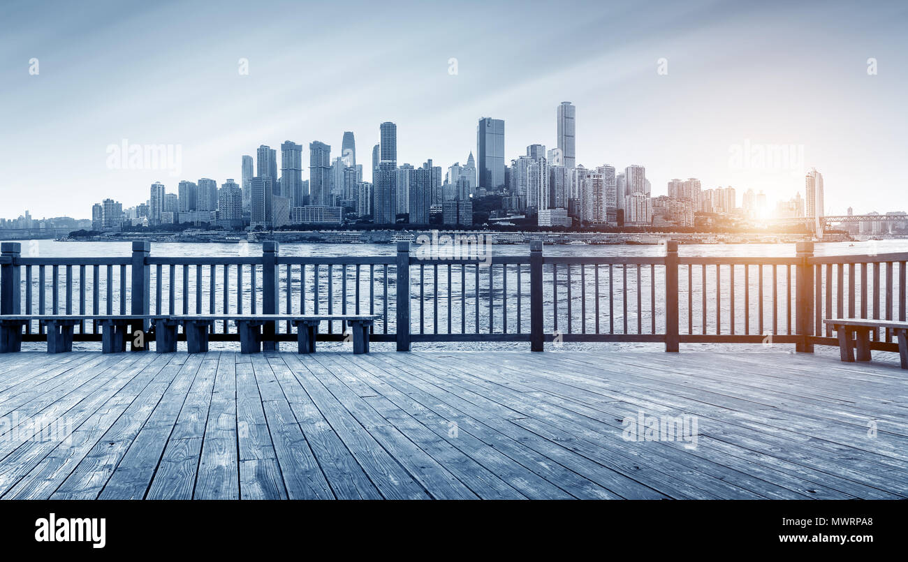 Chongqing city skyline, with wooden floors and guardrails Stock Photo ...