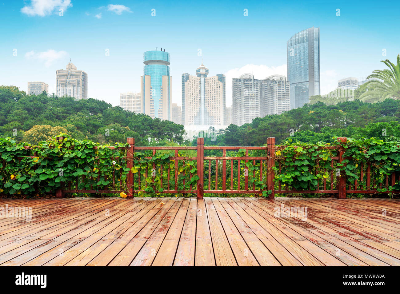 Modern building in front of wooden floor Stock Photo - Alamy
