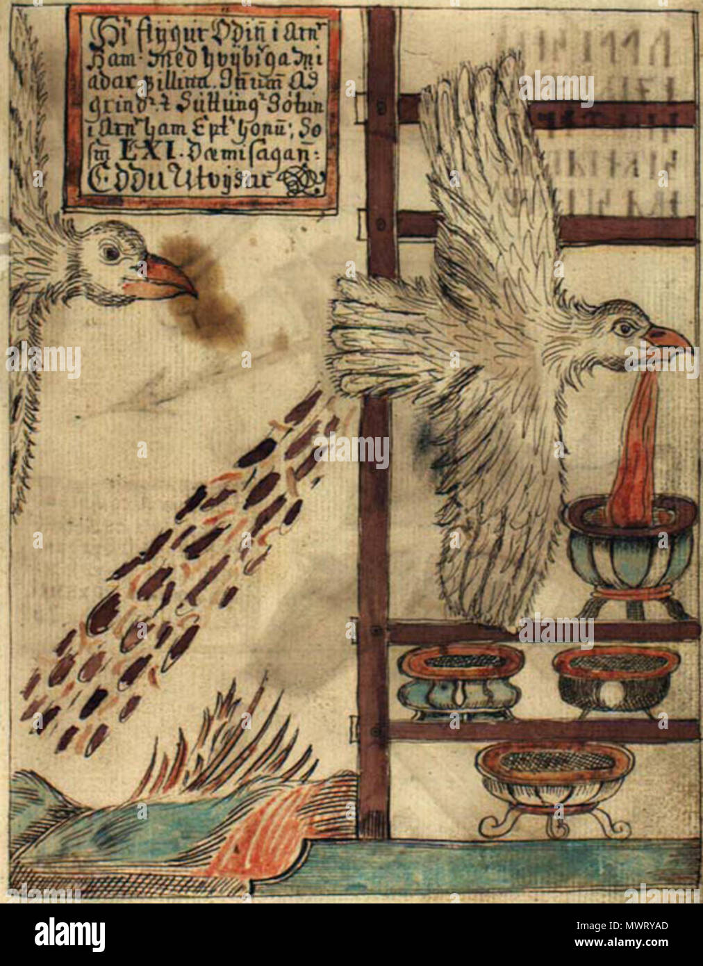 . An illustration of Odin, in the shape of an eagle, stealing the Mead ...