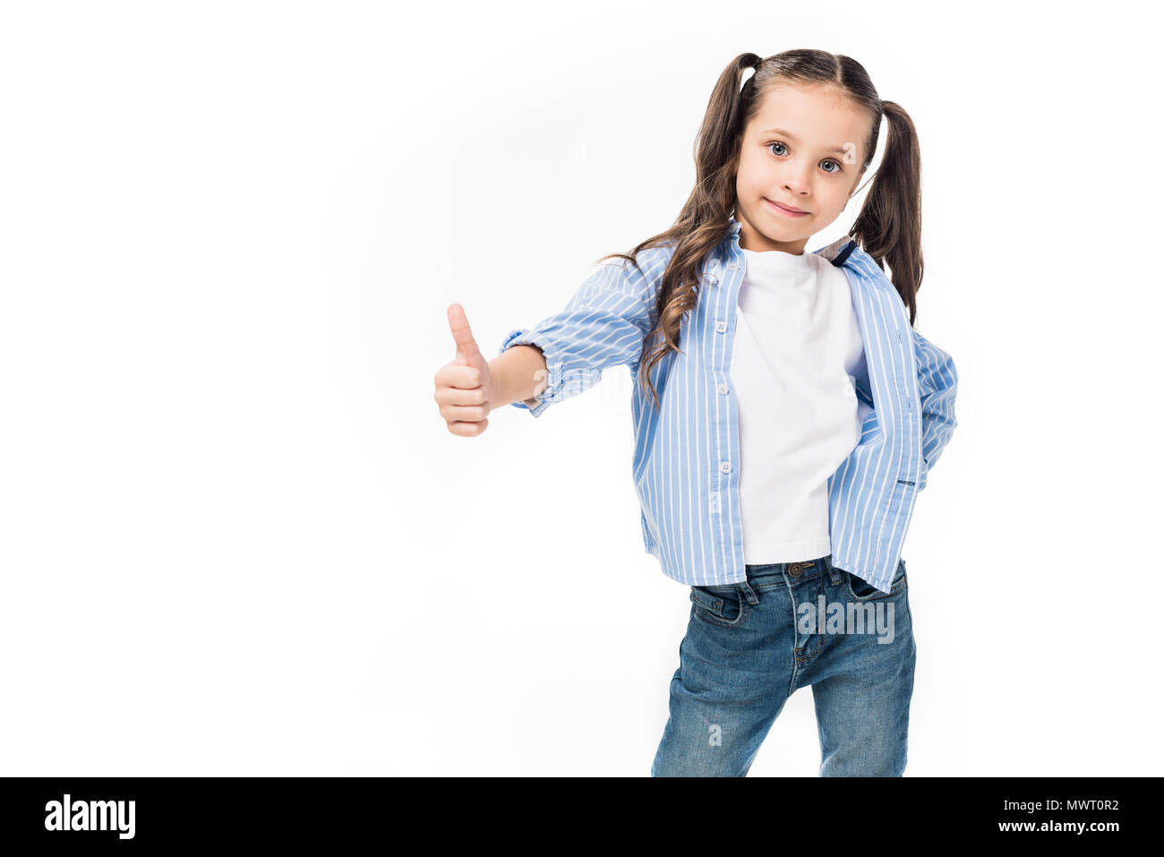 portrait of cute child showing thumb up isolated on white Stock Photo ...