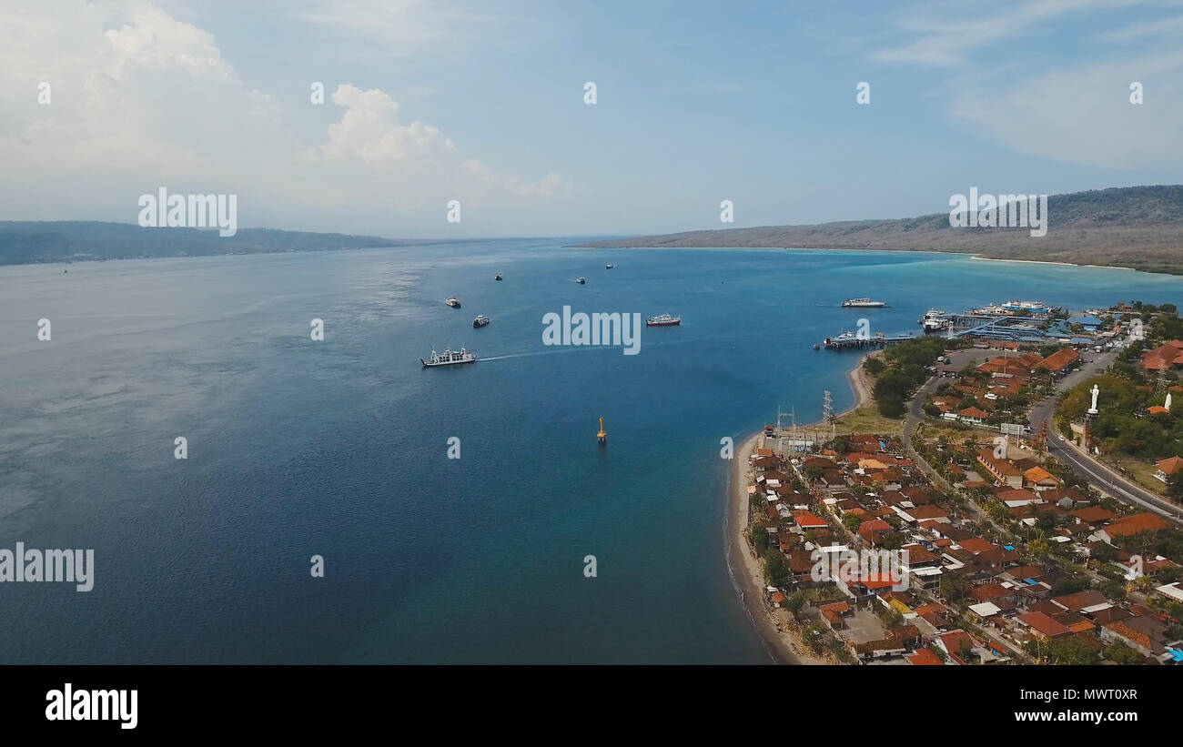 Aerial view ferry port Gilimanuk with ferry boats, vehicles and ...