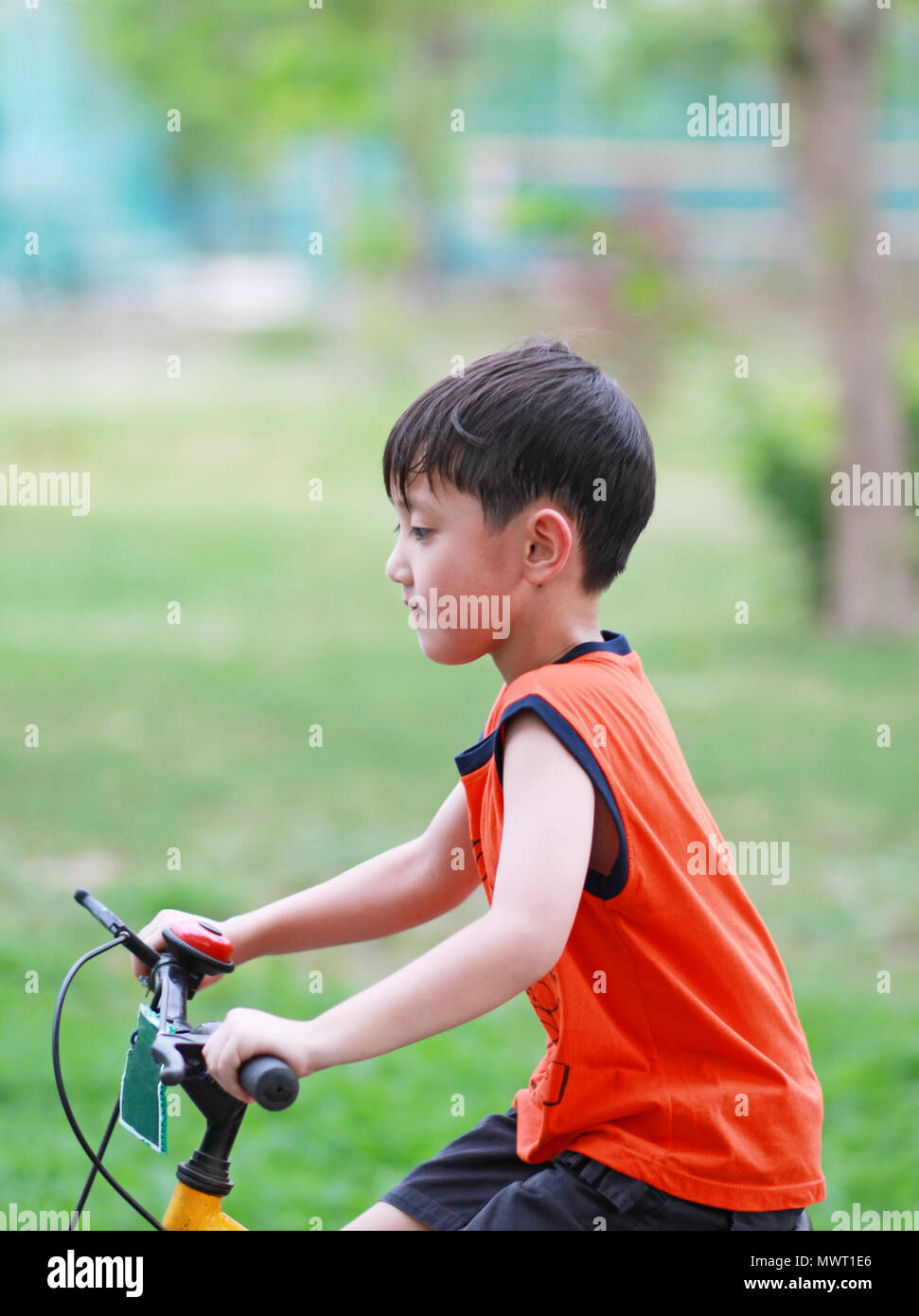 Asian boy riding bicycle in the park Stock Photo - Alamy