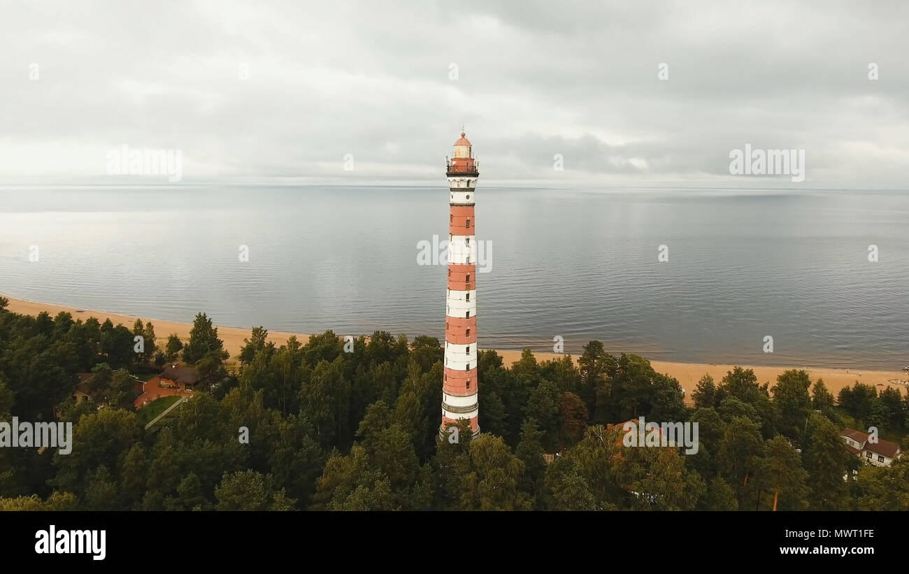 Ancient lighthouse on the coast of the sea, the lake. Aerial view ...