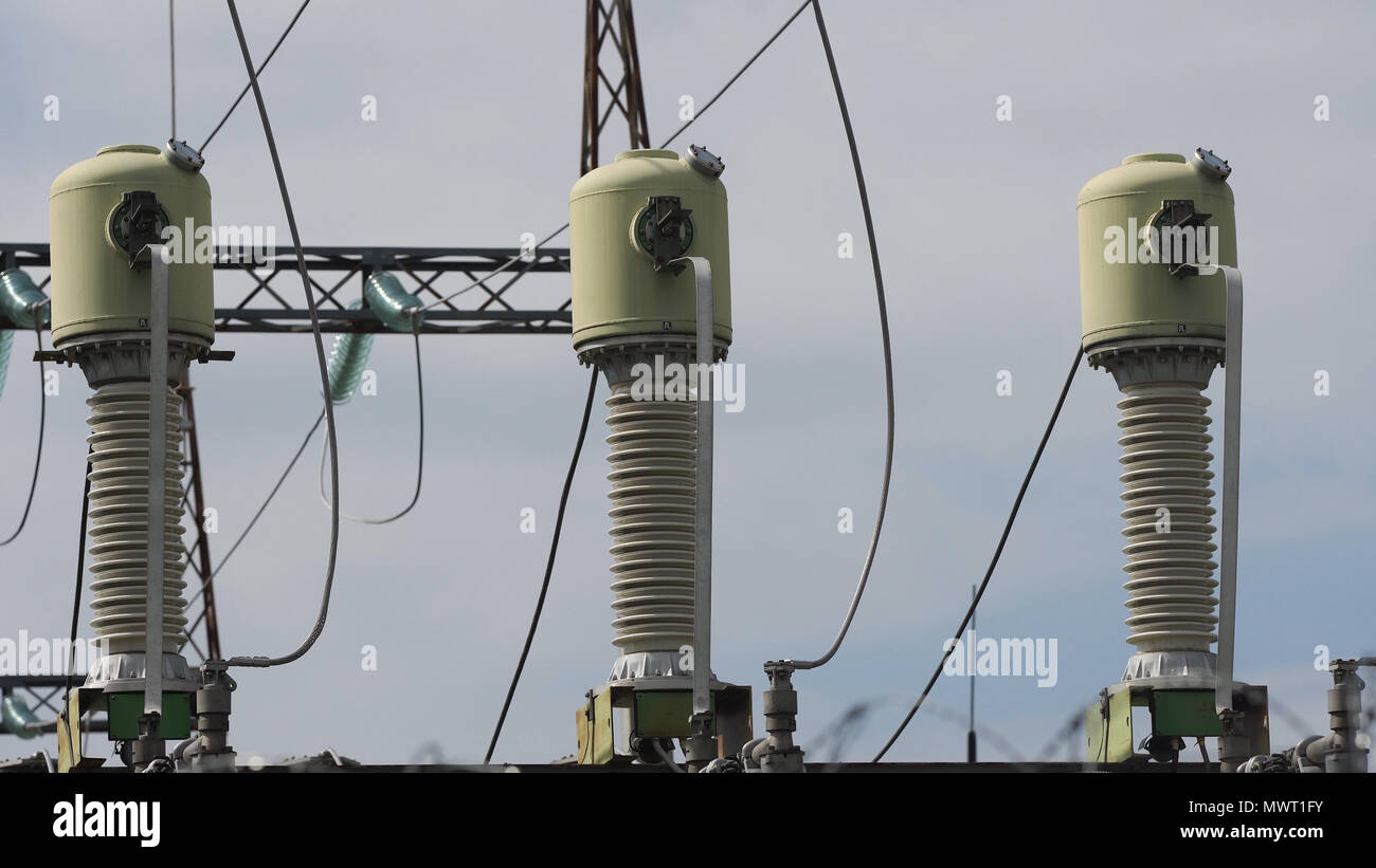 Aerial view Power plant, transformation station, cables and wires ...