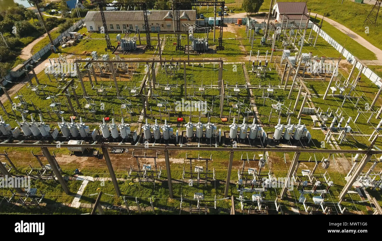 Aerial view Power plant, transformation station, cables and wires. High ...